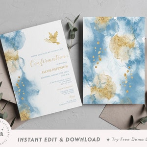 Watercolor Boy Confirmation Invite, Dove Invite Template, EDITABLE Male ...