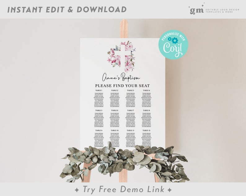 Floral Cross Baptism Table DIY Seating Chart, EDITABLE Communion Find ...