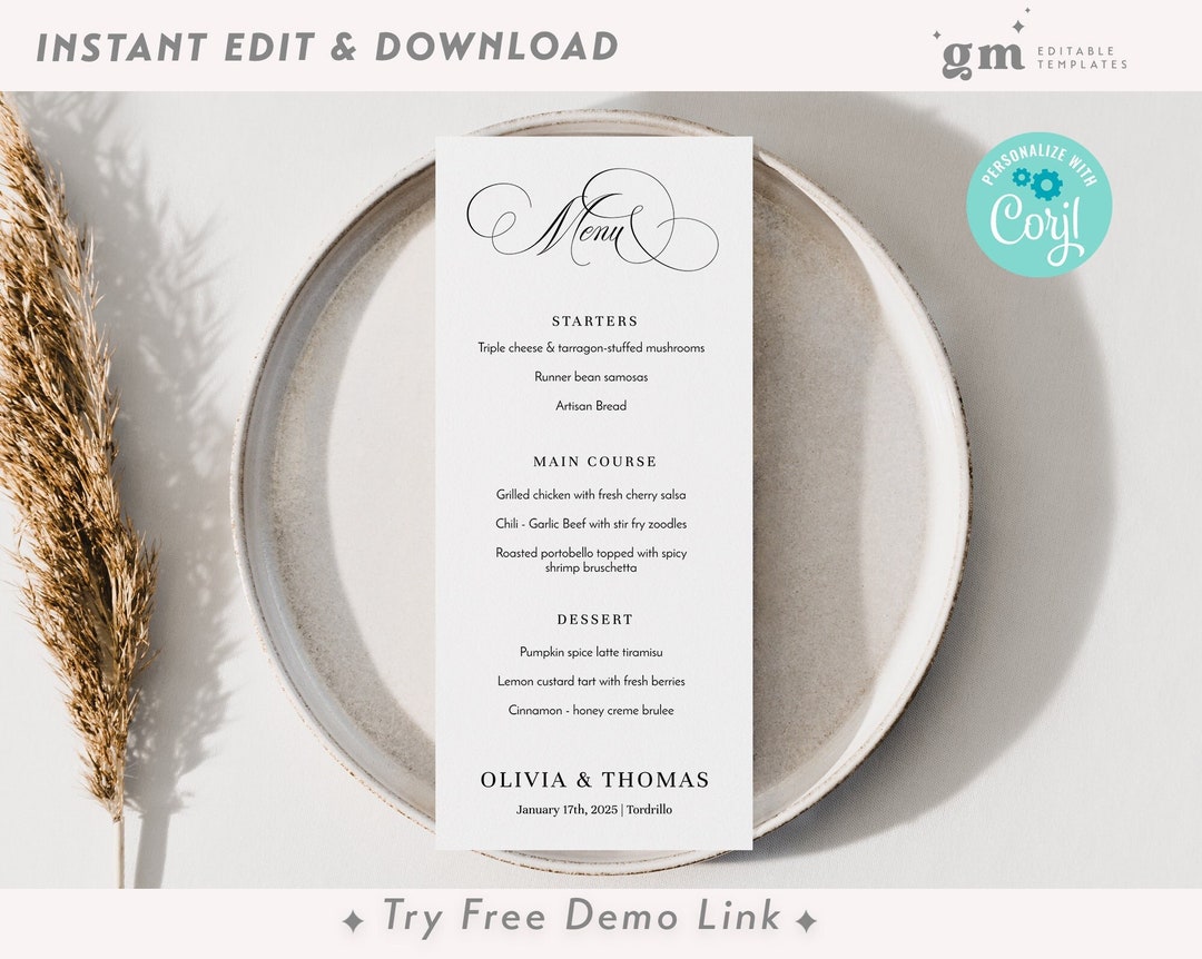 Tall Minimalist Wedding Table Menu Template, EDITABLE Elegant Dinner ...
