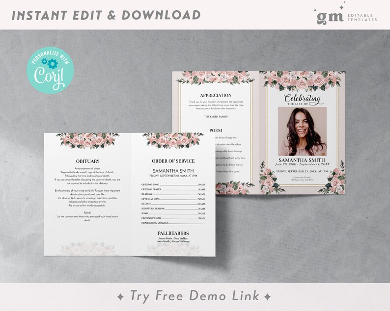 4 Page Roses Funeral Program, Editable Floral Obituary TEMPLATE, Bifold ...