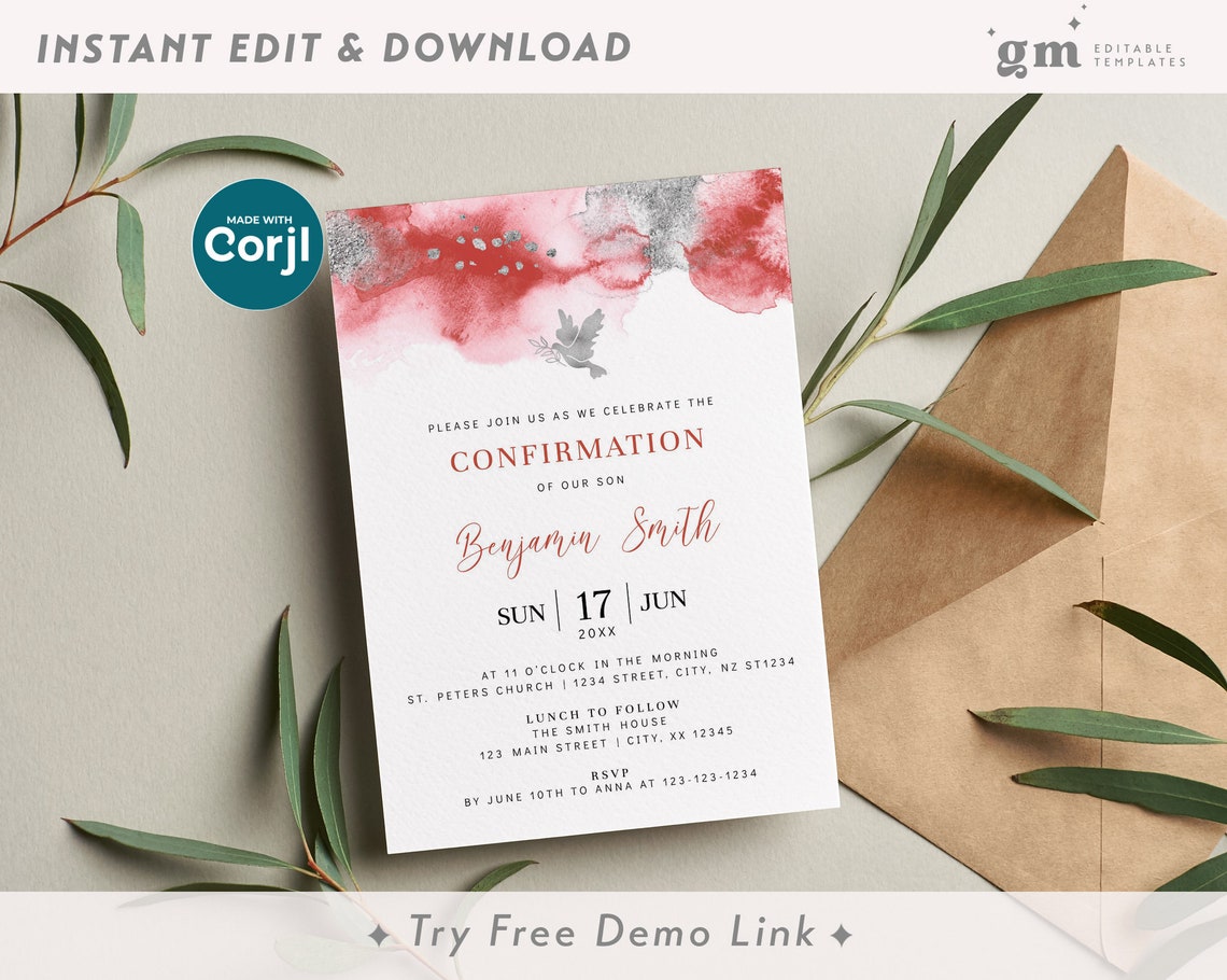 Red Confirmation Invite With Dove, Boy Watercolor Invite Template ...