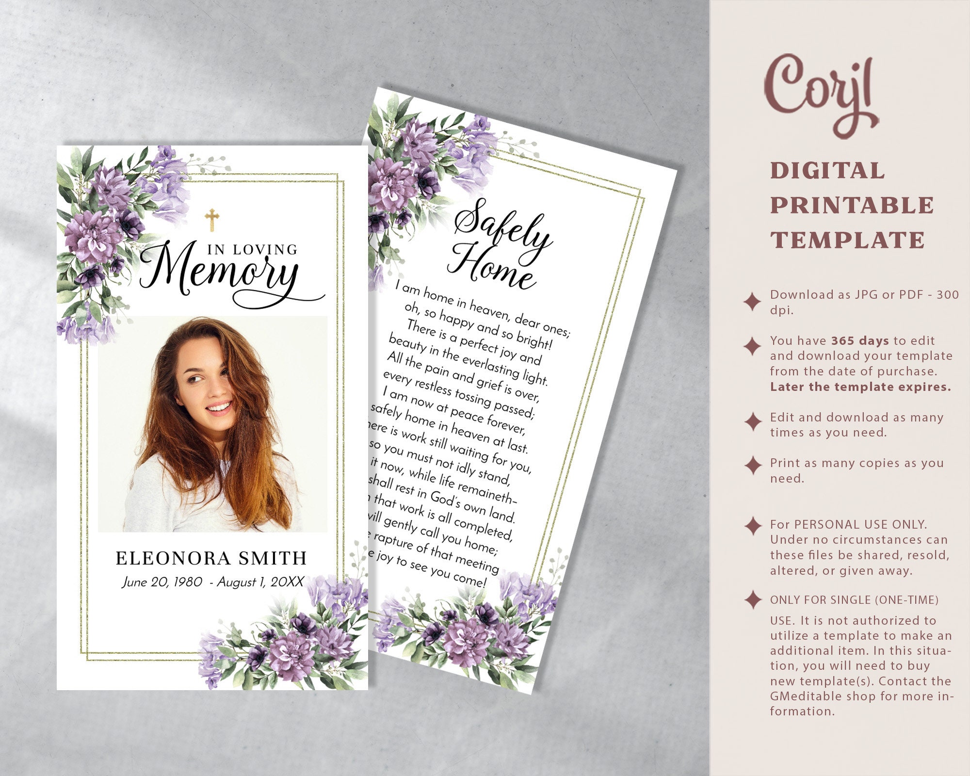 Purple Flowers Catholic Mass Card for Funeral, Editable Floral Memorial ...