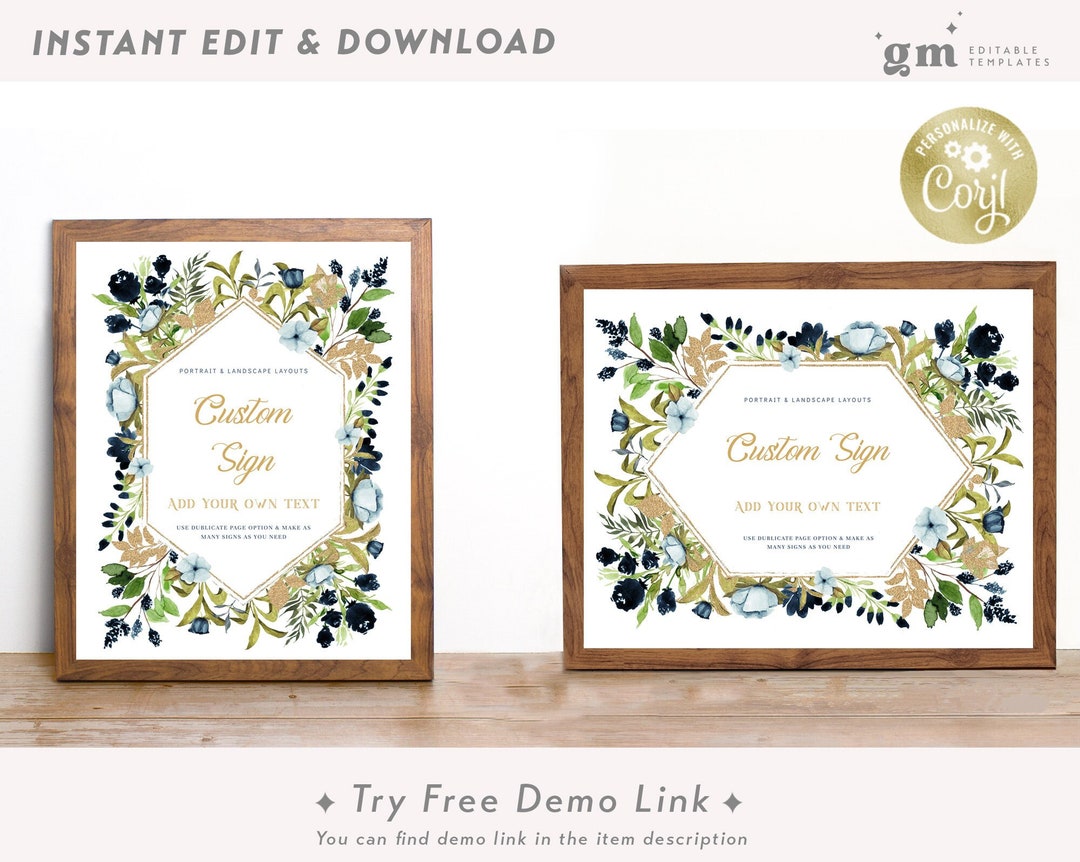 Custom Floral Table Top Sign, EDITABLE Blue Flowers Sign Template ...