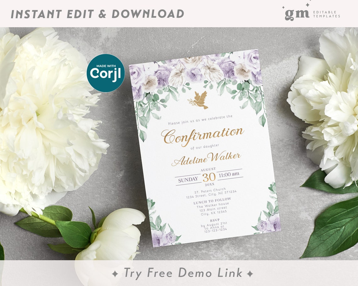 Purple Girl Confirmation Invitation, Floral & Greenery, EDITABLE ...