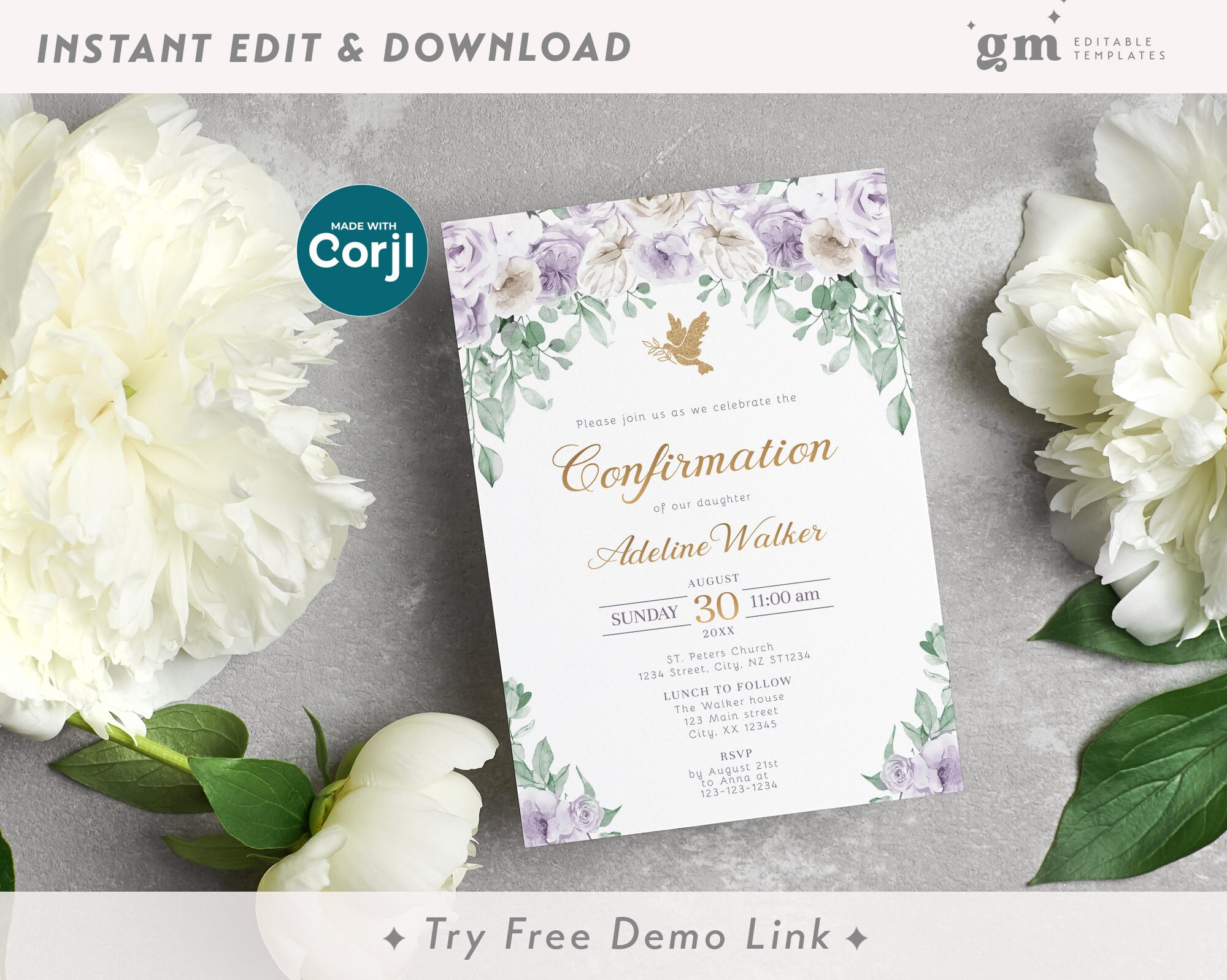 Purple Girl Confirmation Invitation, Floral & Greenery, EDITABLE ...