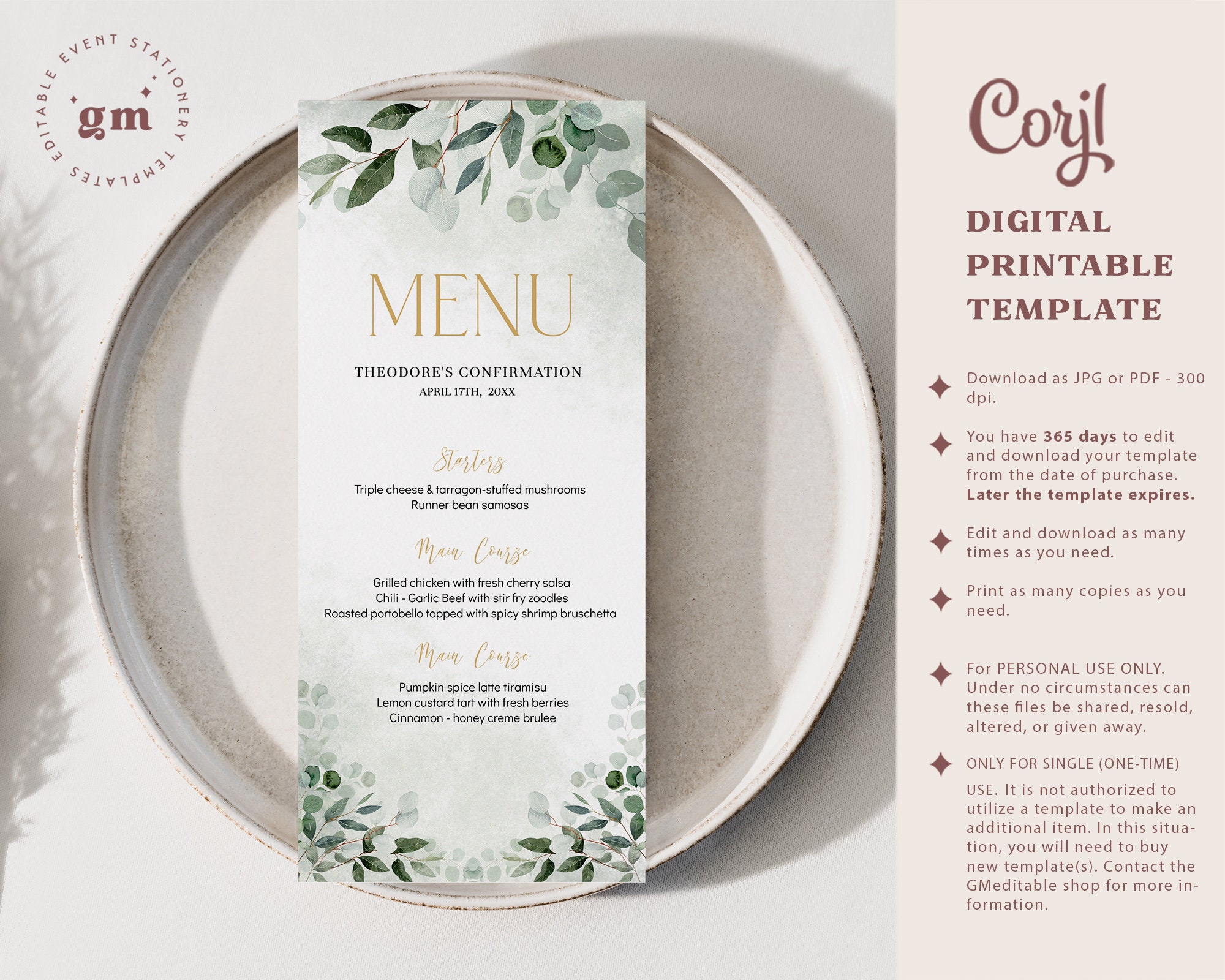 Greenery Christening Lunch Menu, Green & Gold, EDITABLE Boy Communion ...