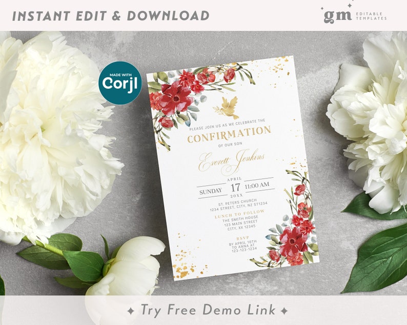 Red Floral Boy Confirmation Invite With Dove, Editable Girl ...