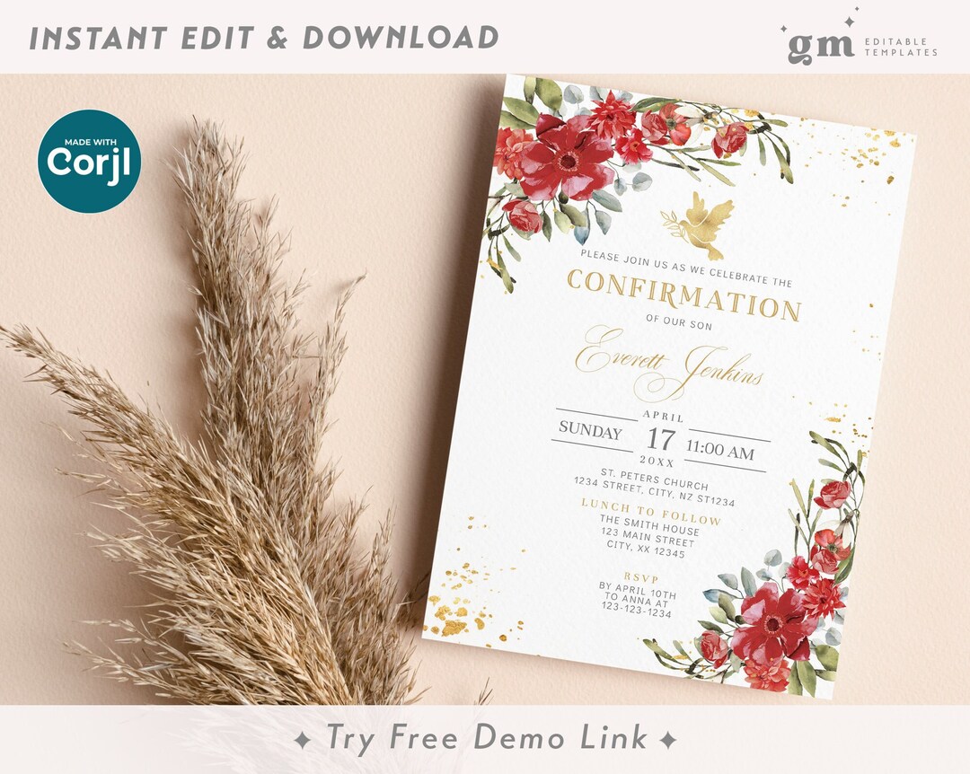 Red Floral Boy Confirmation Invite With Dove, Editable Girl ...