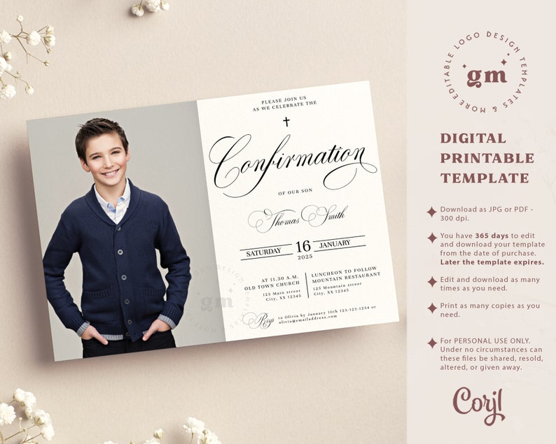 Fancy Confirmation Photo Invite Template, EDITABLE Minimalist ...