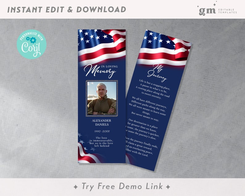 Soldier Funeral Bookmark, Editable Military Memorial Bookmark TEMPLATE ...