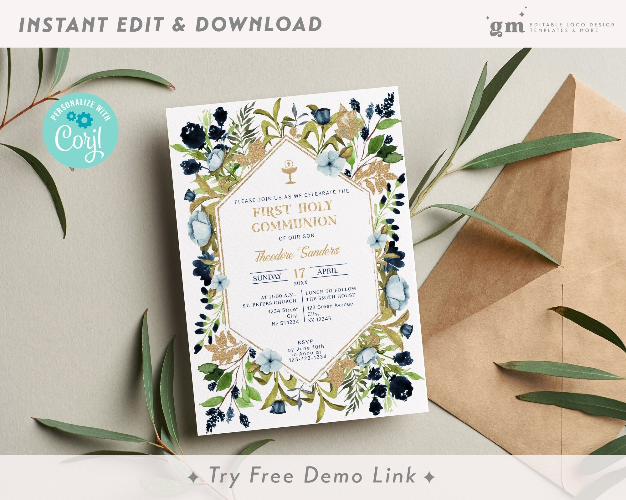Greenery Boy Communion Invitation, EDITABLE Floral First Holy Communion ...