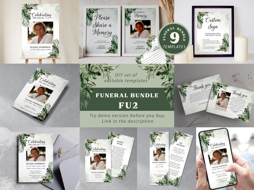 Editable Tropical Funeral Template Package, Greenery Celebration of ...