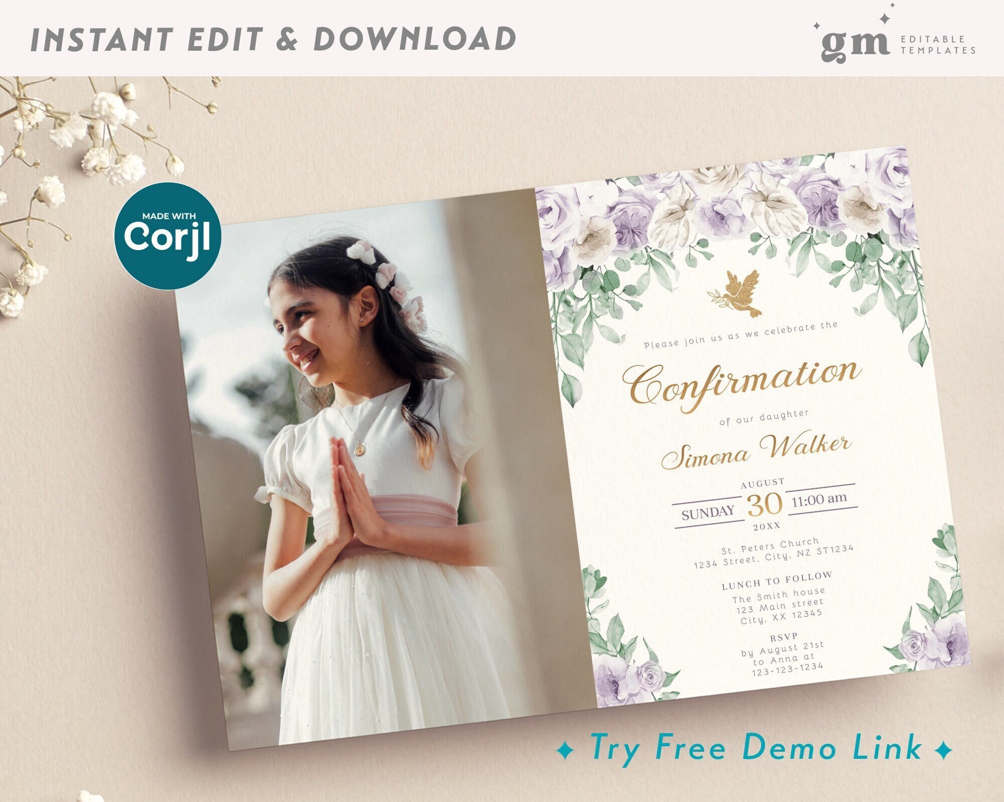 Girl Confirmation Picture Invitation, Purple Floral & Greenery ...