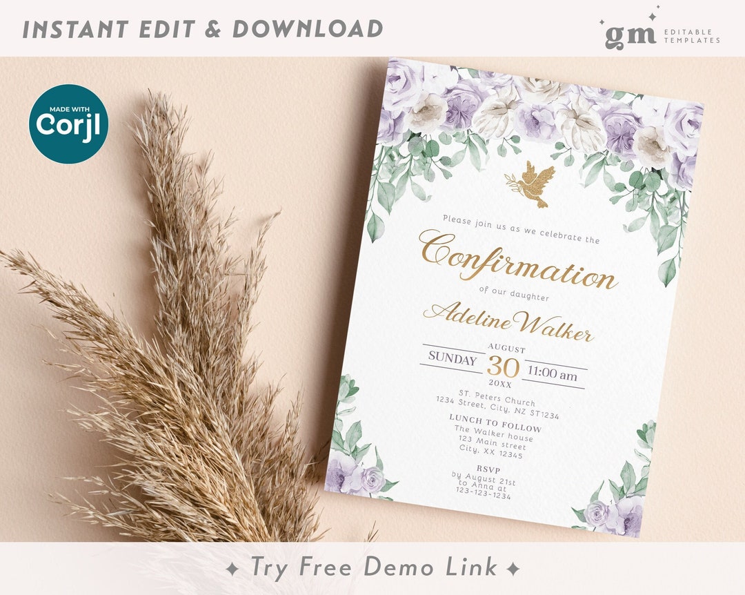 Purple Girl Confirmation Invitation, Floral & Greenery, EDITABLE ...