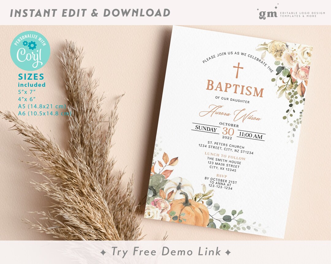 Thanksgiving Boho Baptism Invite, EDITABLE Autumn Invitation Template ...