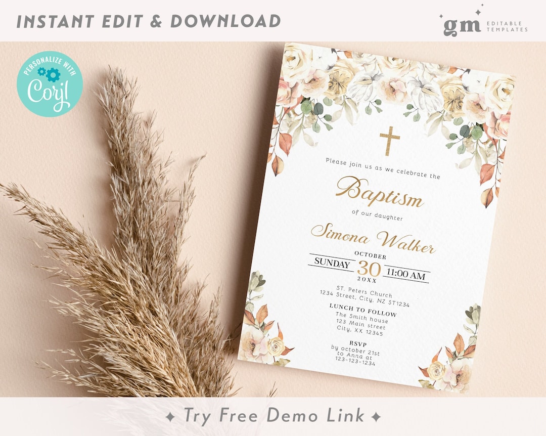 Fall Baptism Invite With Autumn Leaves & Flowers, EDITABLE Christening ...