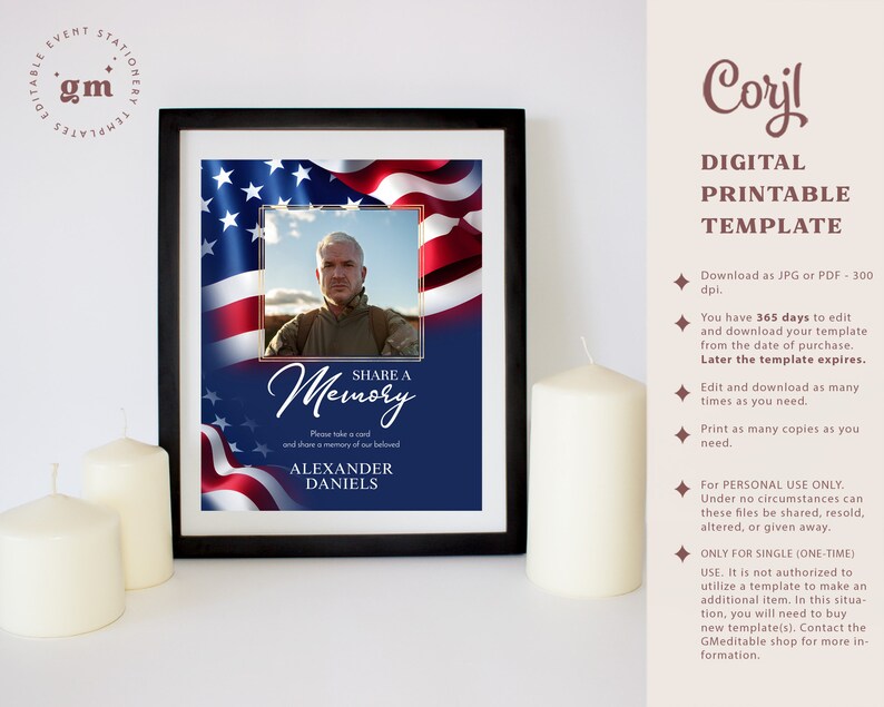 Soldier Funeral Share a Memory Sign and Card, Editable Military ...