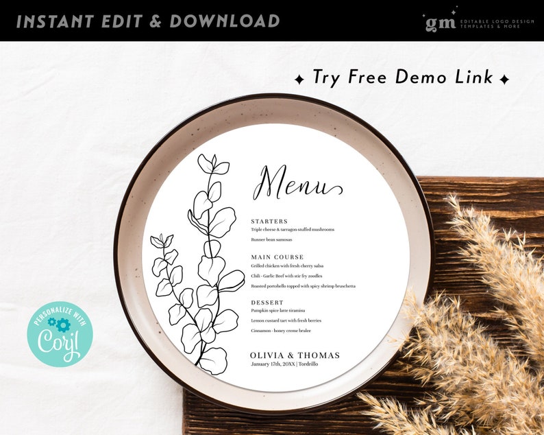 Eucalyptus Round Wedding Table Menu Template, EDITABLE Circle Dinner ...