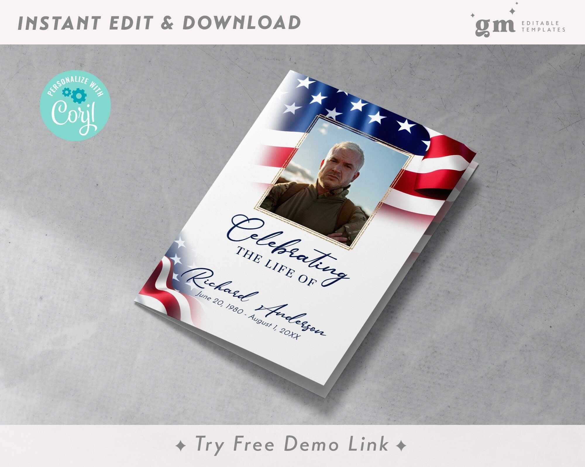 Veteran 4 Page Funeral Program With Flag, Editable Military Obituary ...