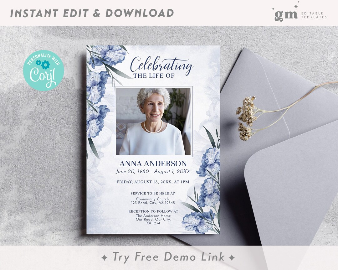 Floral Memorial Invitation Card, Blue Iris Flowers, Editable Funeral ...