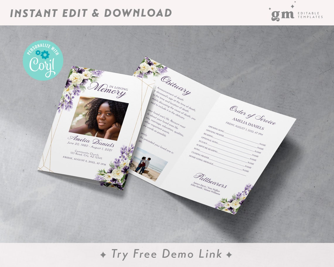 4 Page Funeral Program, Purple & White Flowers, Editable Floral ...