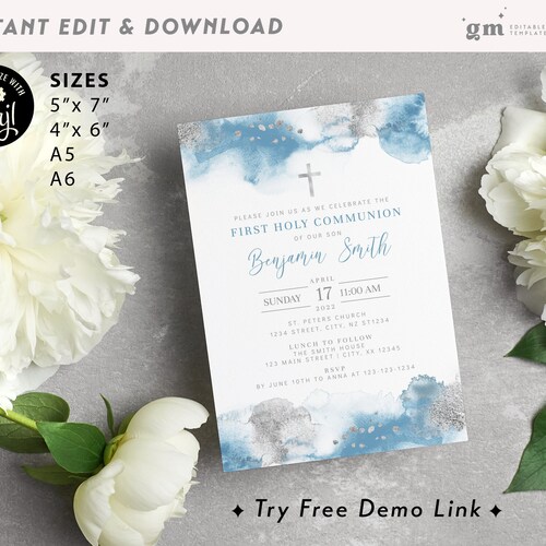 Blue Watercolor First Communion Invitation Template Printable - Etsy