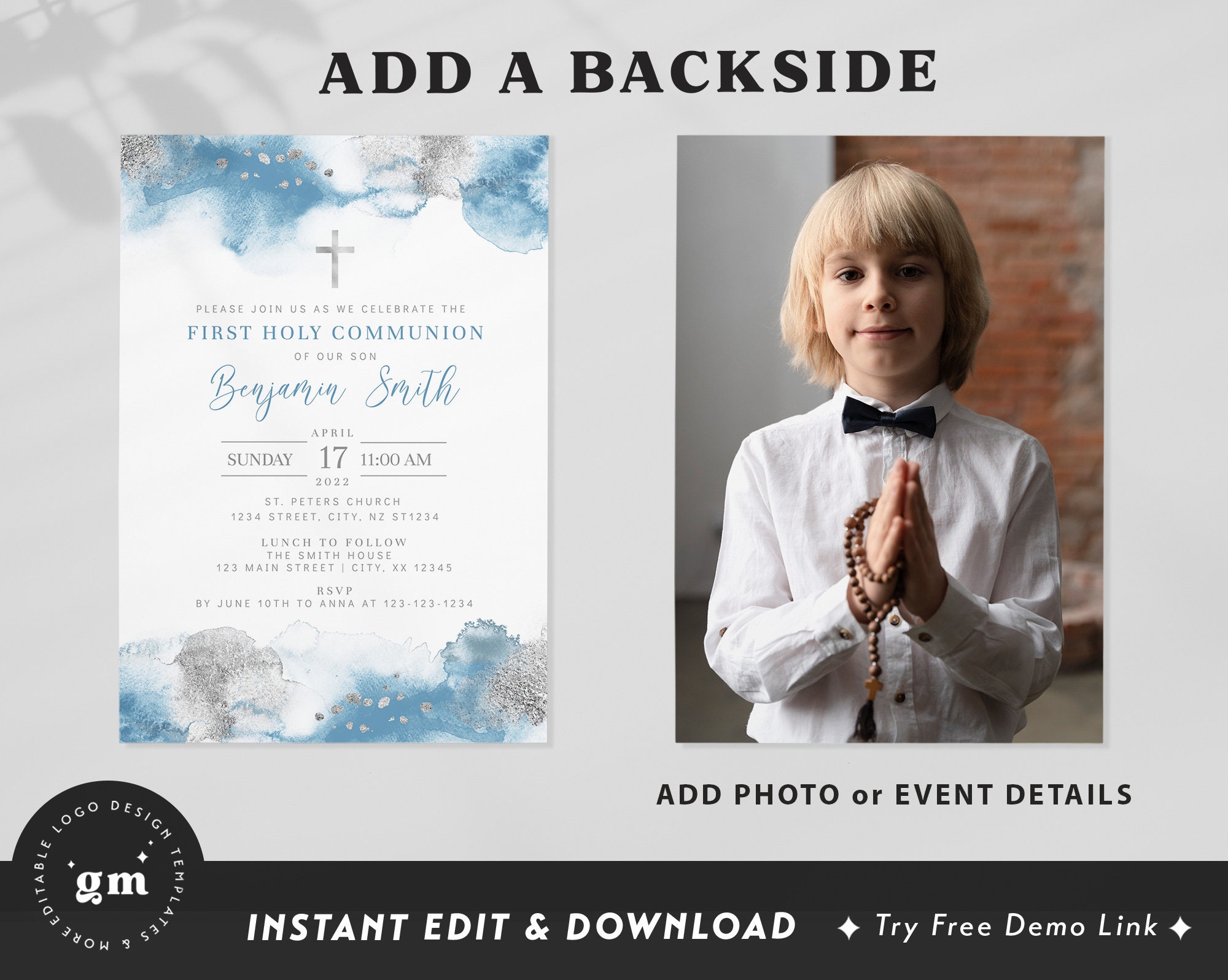 Silver Blue Communion Invitation, Editable Printable Boy First Holy ...
