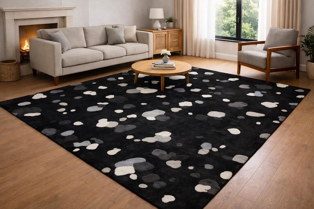 Black Abstract Dotted Area Rug Modern Minimal Living Room Carpet Soft ...
