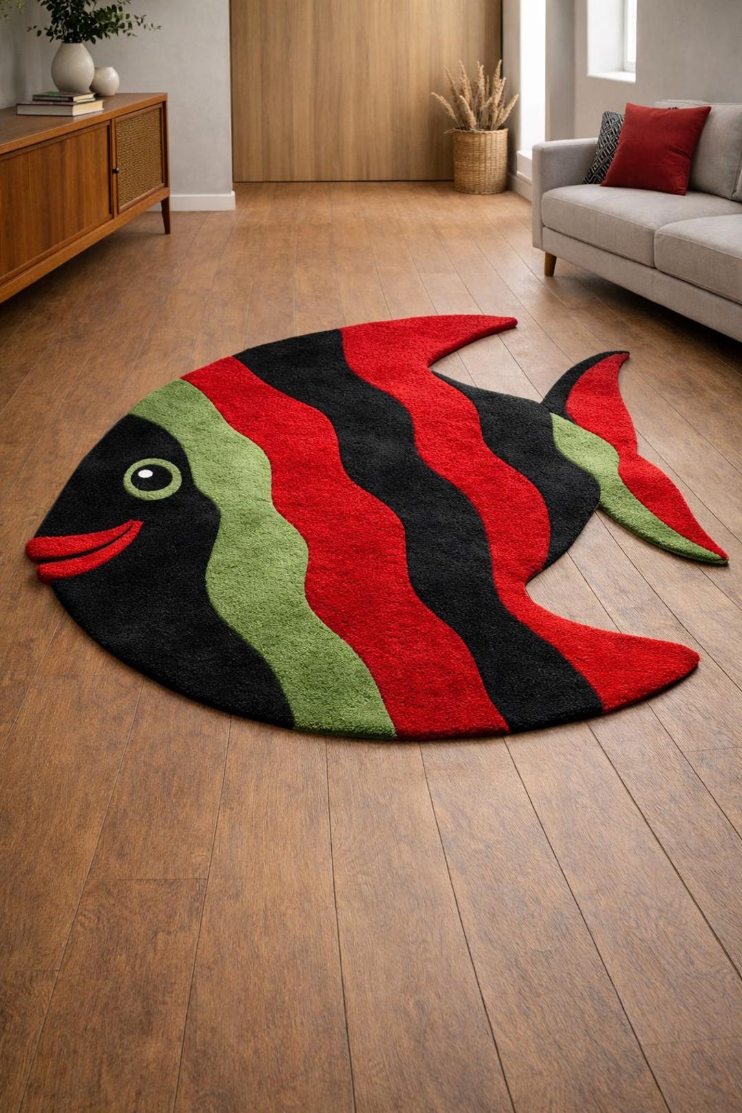 Colorful Fish Shaped Area Rug With Red Black and Green Stripes Soft Fun ...