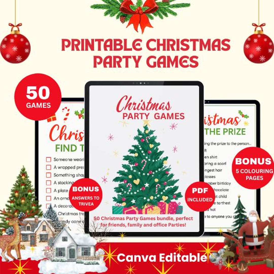 50 Christmas Party Games Printable Bundle | Christmas Bingo Trivia Word ...