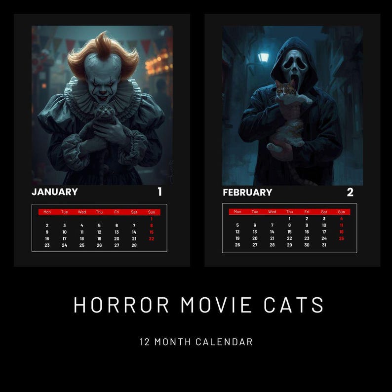 2026 Calendar • Horror Movie Cats • Cat Horror Scenes • Gift for Horror ...
