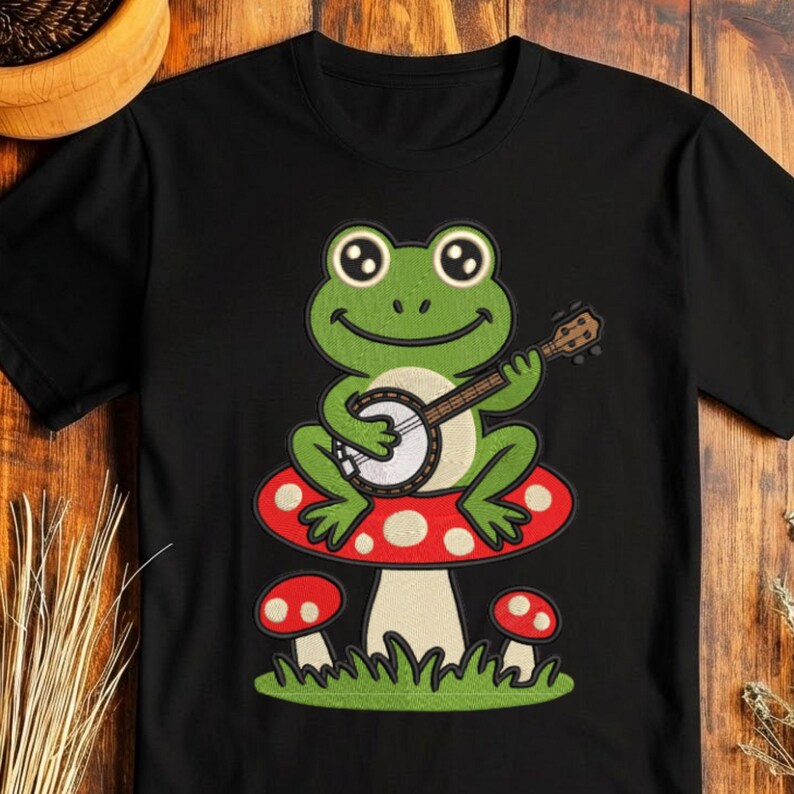 Cute Frog Playing Banjo Machine Embroidery Design Cottagecore Mushroom ...