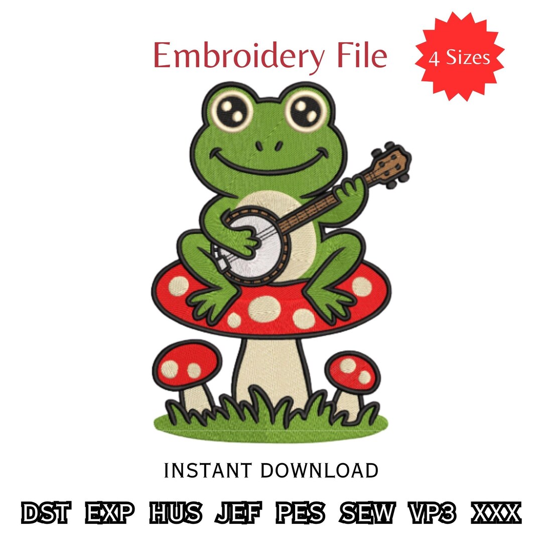 Cute Frog Playing Banjo Machine Embroidery Design Cottagecore Mushroom ...
