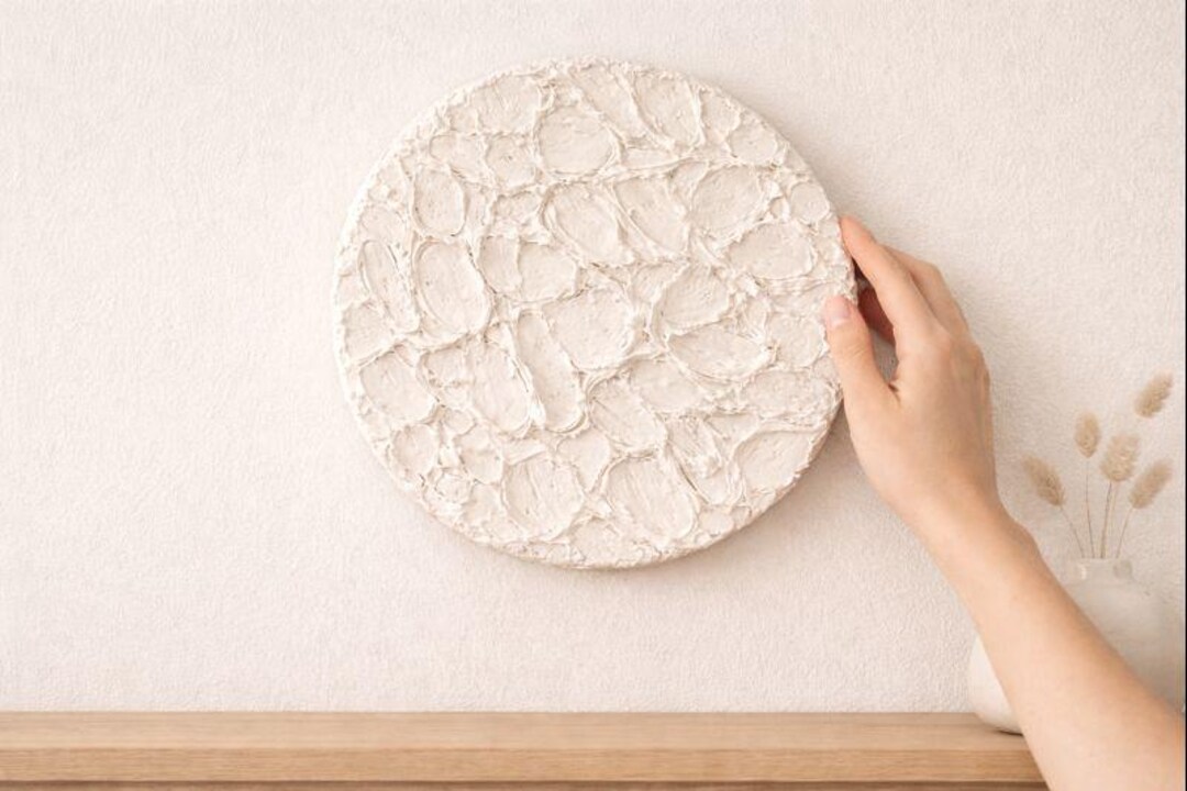 Round Textured Wall Art White and Beige, Handmade Sculptural Wall Decor ...