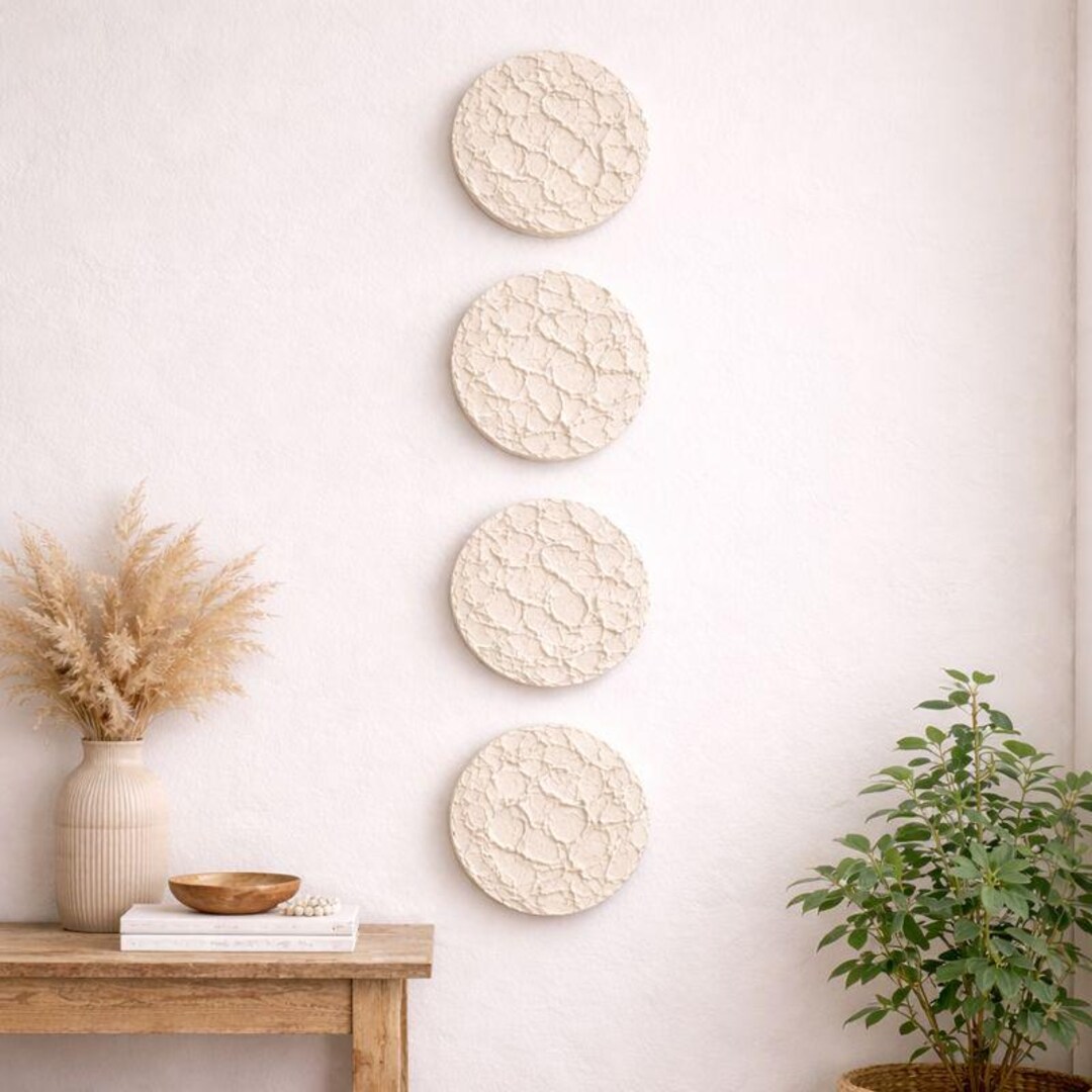 Round Textured Wall Art Set of 4, Handmade Plaster Wall Decor, Neutral ...