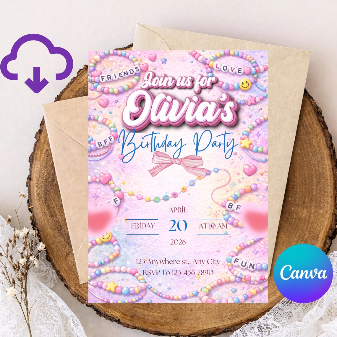 Friendship Bracelet Birthday Invitation | Pastel Beaded Party Invite ...