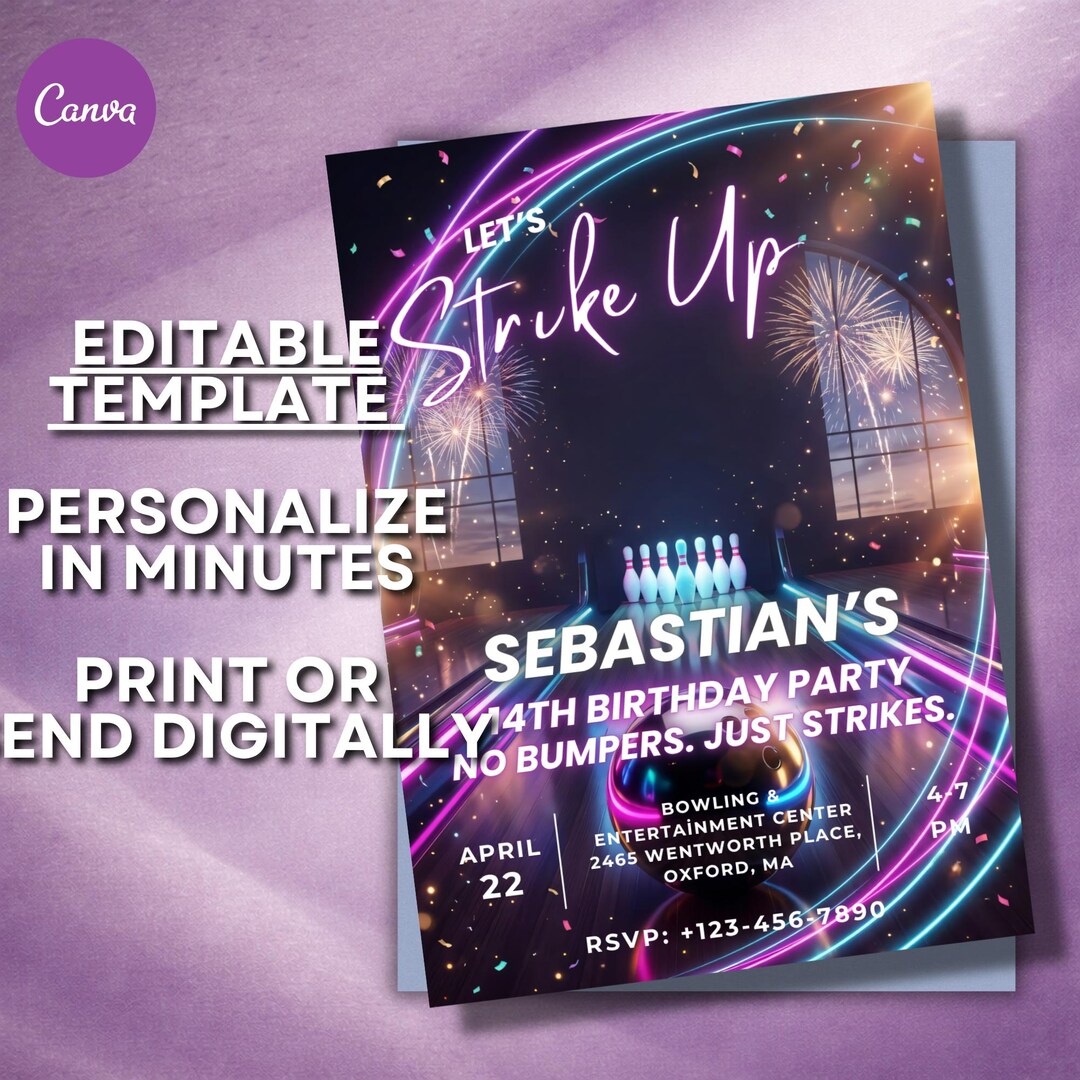Neon Bowling Birthday Invitation, Editable Canva Template, Glow Party ...