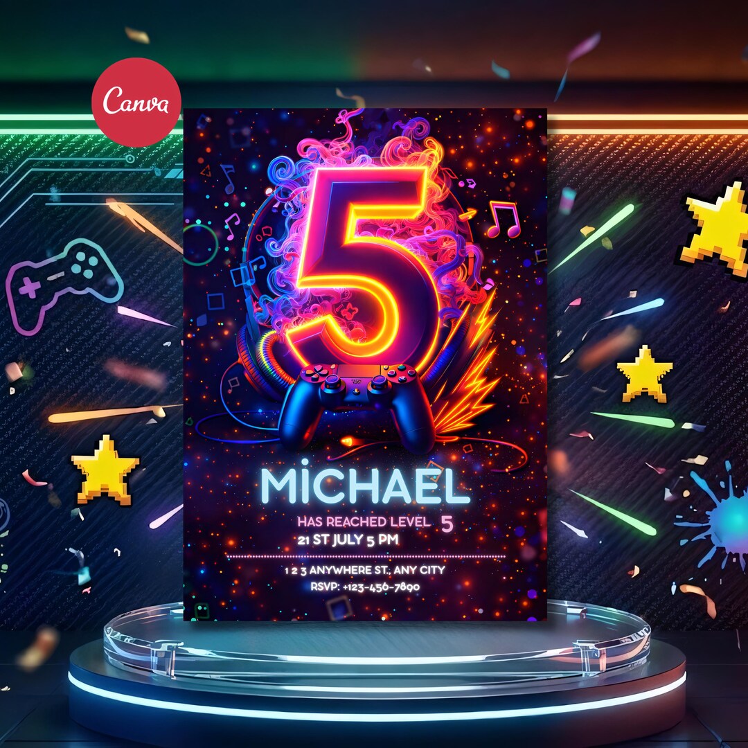 Level up 5th Birthday Invitation, Gamer Party, Editable Canva Template ...