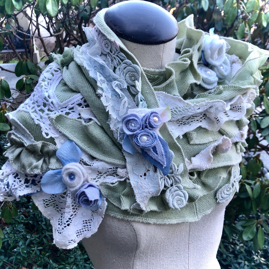 Upcycled Boho Scarf Shawl,feminine Ruffled Wrap,vintage Lace With Roses ...