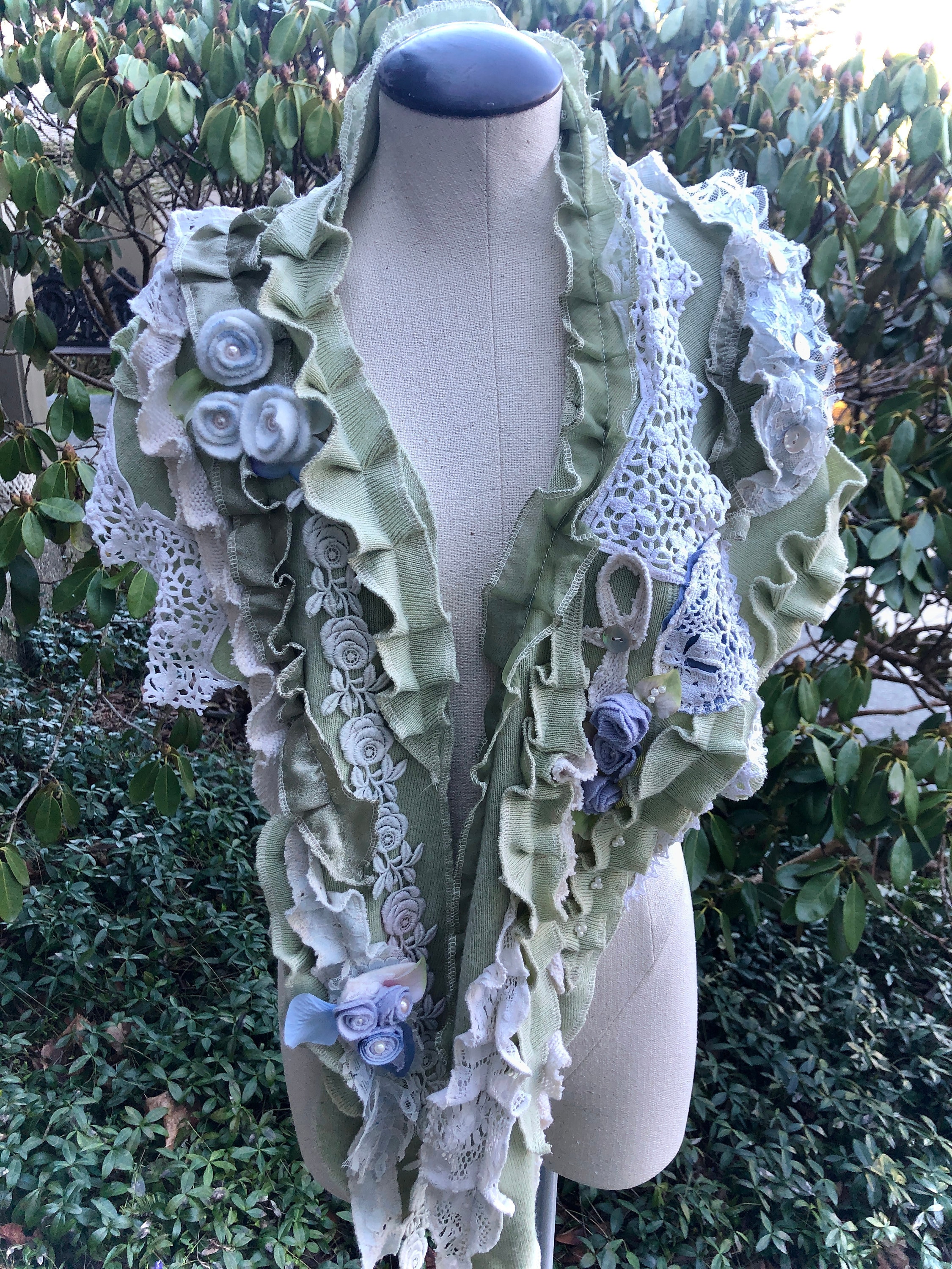Upcycled Wedding Scarf Shawl, Ruffled Wrap, Vintage Lace With Roses ...