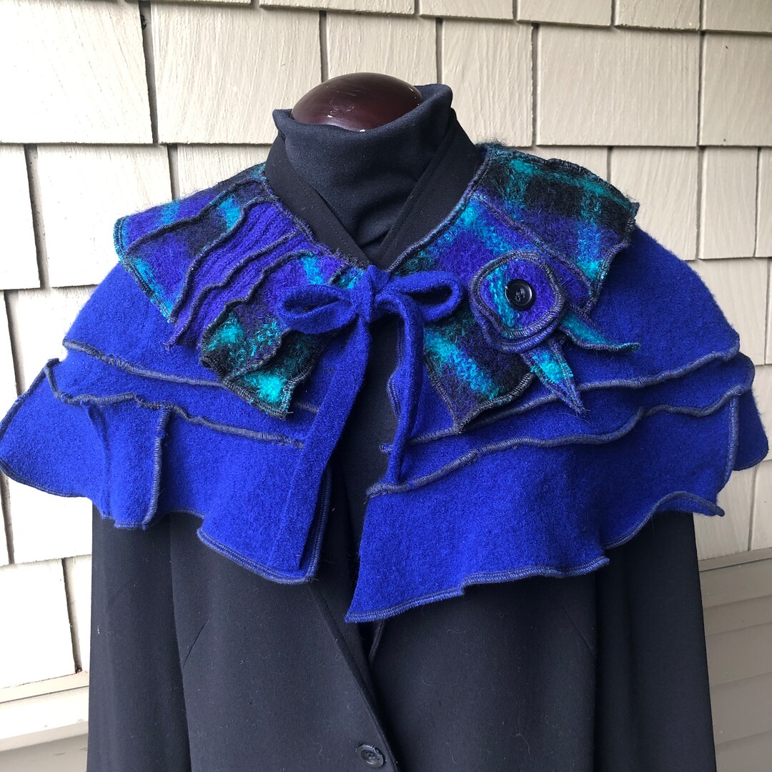 Felted Wool Caplet, Upcycled Sweaters, Cobalt Blue, Tie Closure, Wear ...