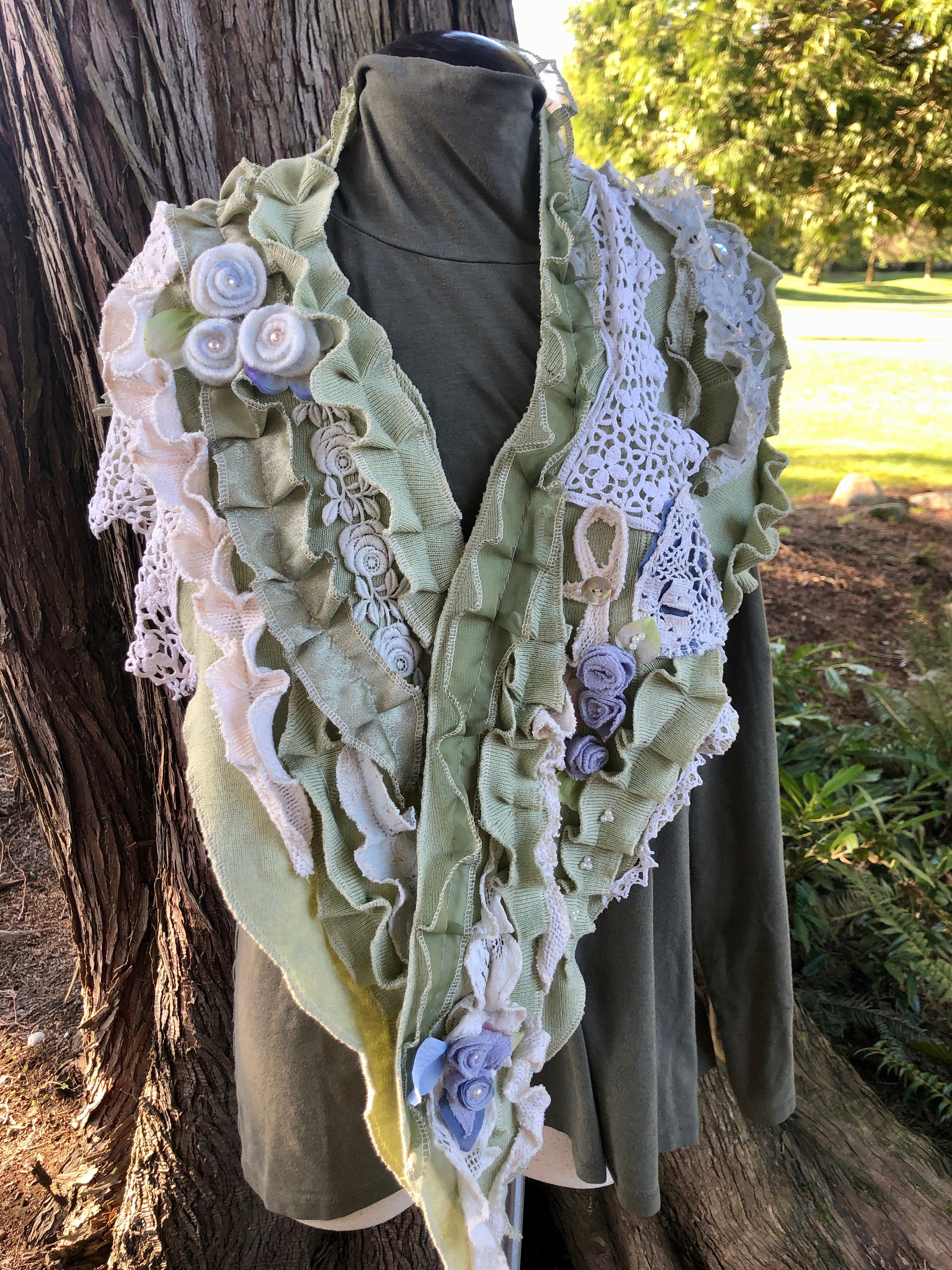 Upcycled Wedding Scarf Shawl, Ruffled Wrap, Vintage Lace With Roses ...