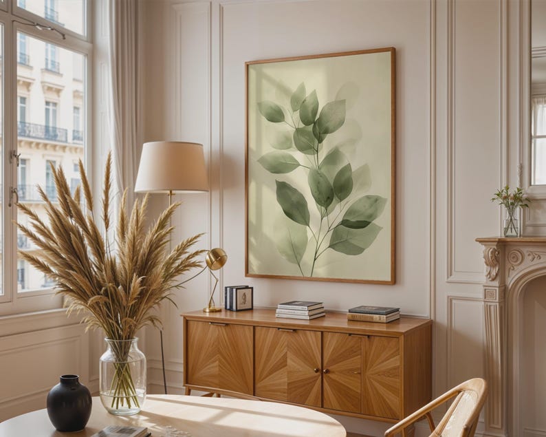 Botanical Leaf Wall Art, Green Leaves Print, Minimalist Cream Nature ...