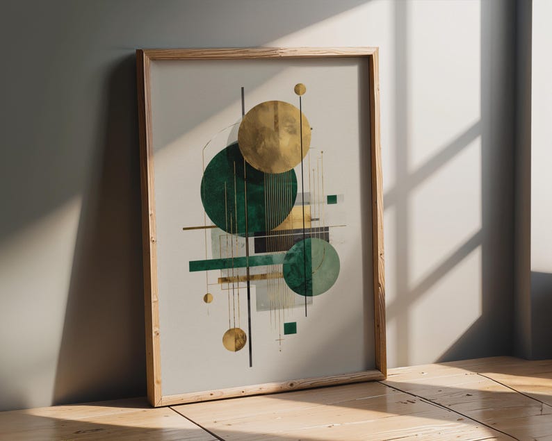 Abstract Geometric Wall Art, Green Gold Circle Decor, Modern Textured ...
