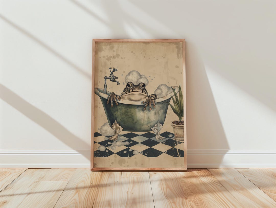 Whimsical Frog Bath Art Print, Vintage Bathroom Decor, Green Animal ...