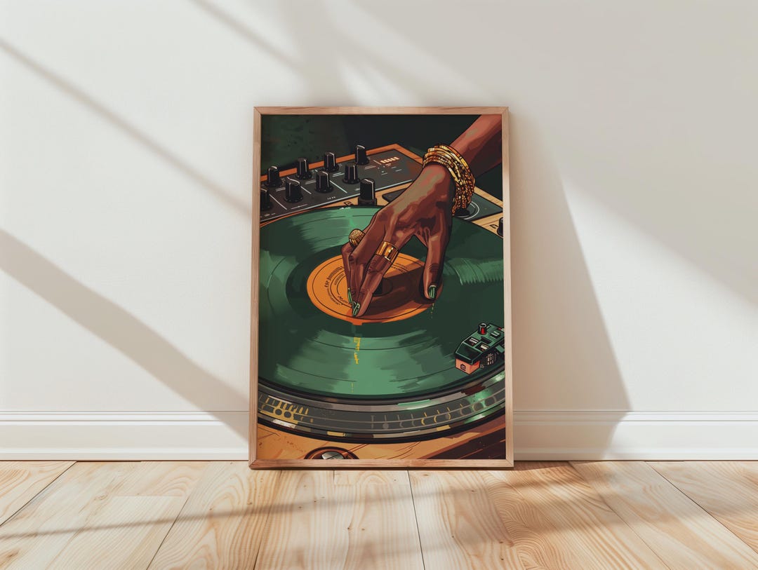DJ Turntable Vinyl Record Art Print, Dark Green Gold Music Room Decor ...