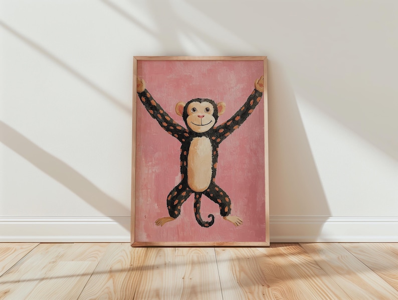 Whimsical Monkey Wall Art Print, Pink Nursery Decor, Playful Animal ...