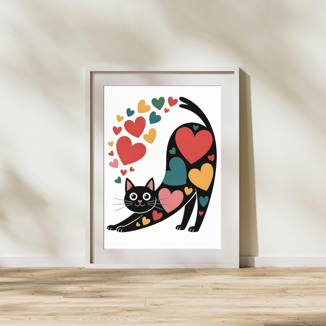 Love Cat Art Print, Hearts, Valentine's Day Decor (digital Download) - Etsy