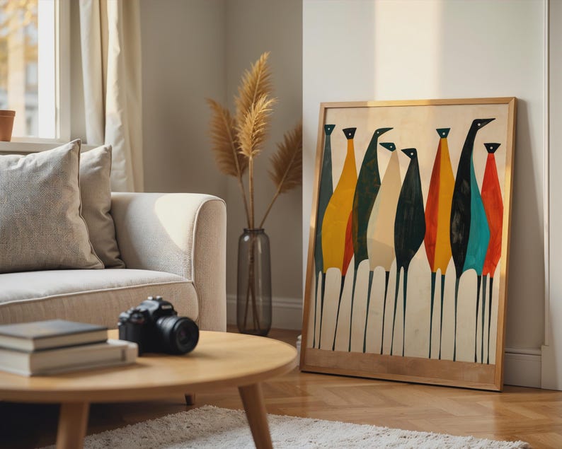 Abstract Bird Art, Modern Beige Black Earthy Tones, Living Room Decor ...