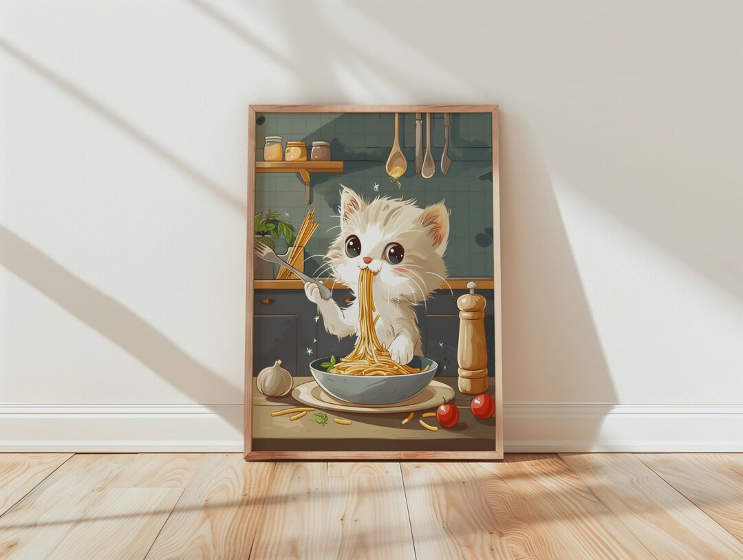 Kitten Eating Pasta Wall Art Print – Kitchen Food Illustration Decor ...